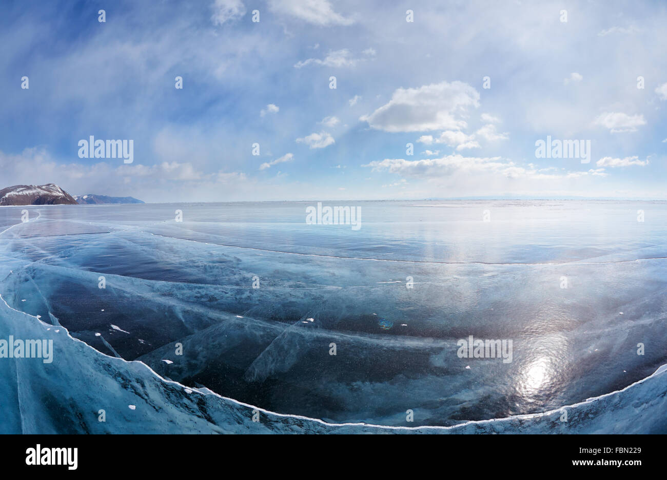 Wide angle shot of winter ice landscape on Siberian lake Baikal with ...