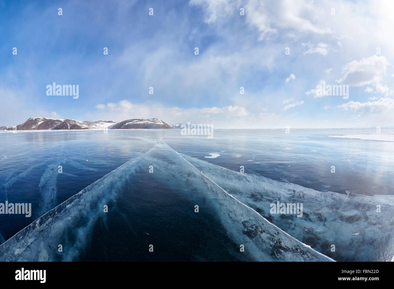 Wide angle shot of winter ice landscape on Siberian lake Baikal with ...