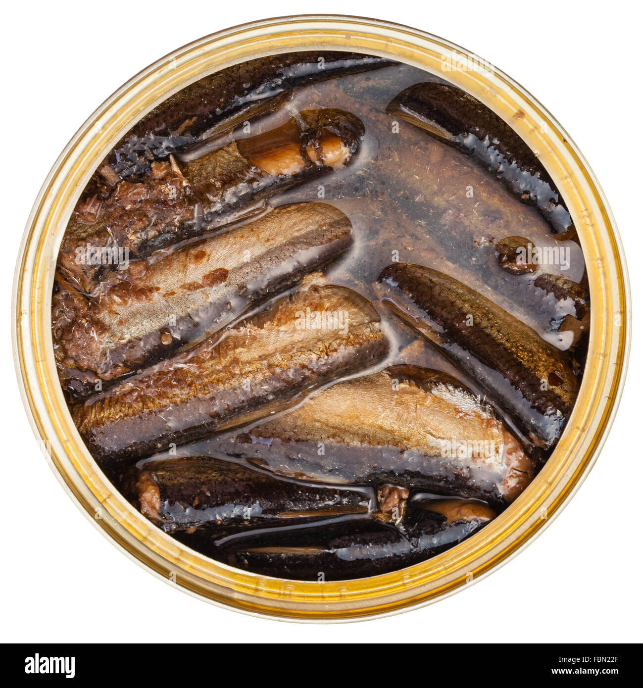 top view of tinned fish isolated on white background - smoked sprats in ...
