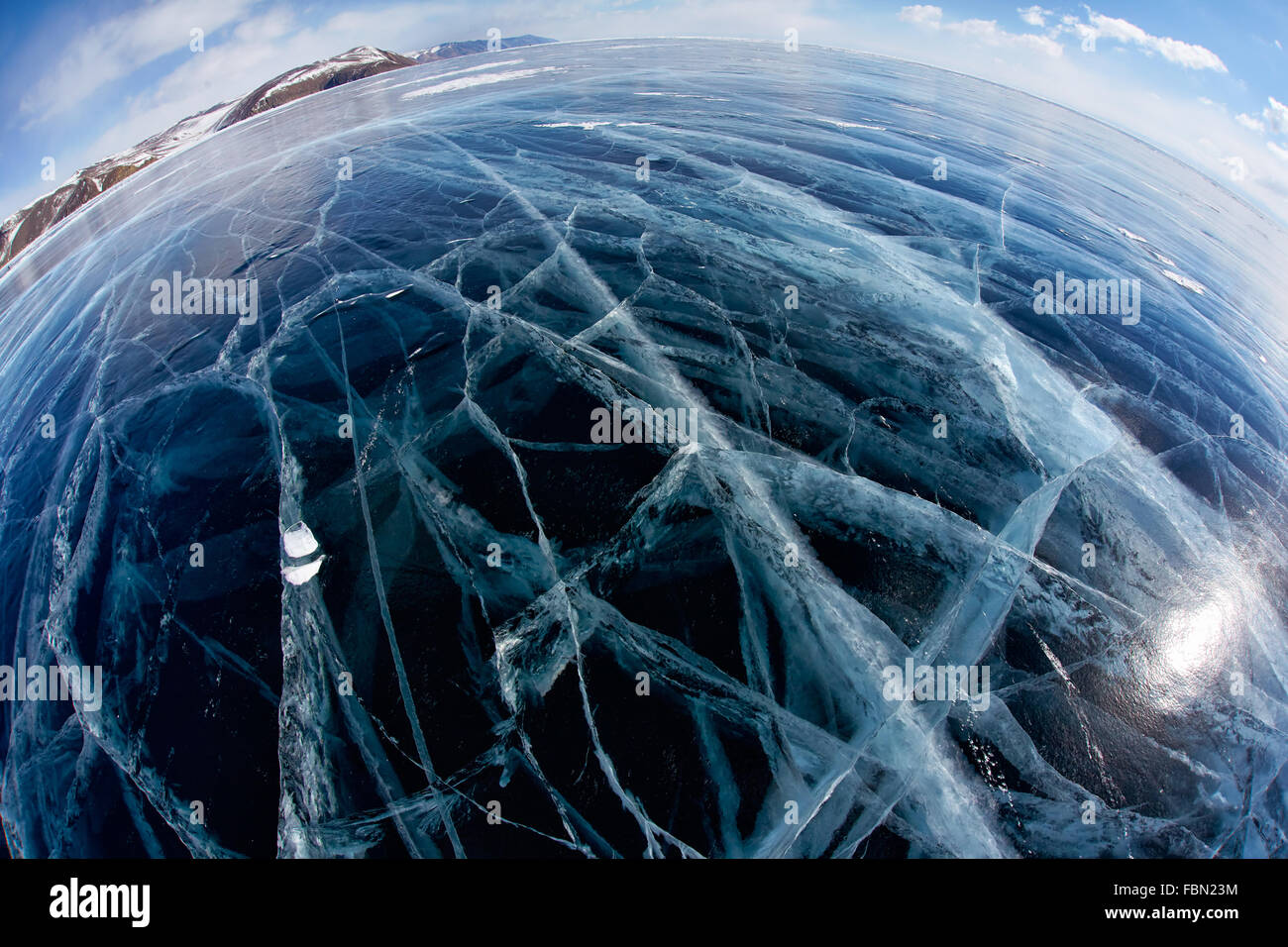 Wide angle shot with fisheye lens of winter ice landscape on Siberian ...