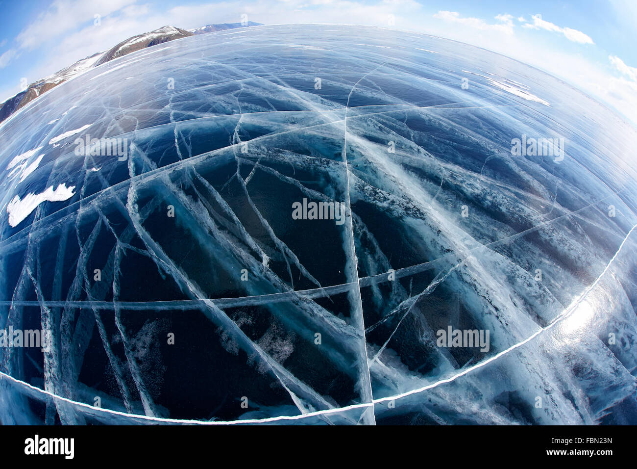 Wide angle shot with fisheye lens of winter ice landscape on Siberian ...