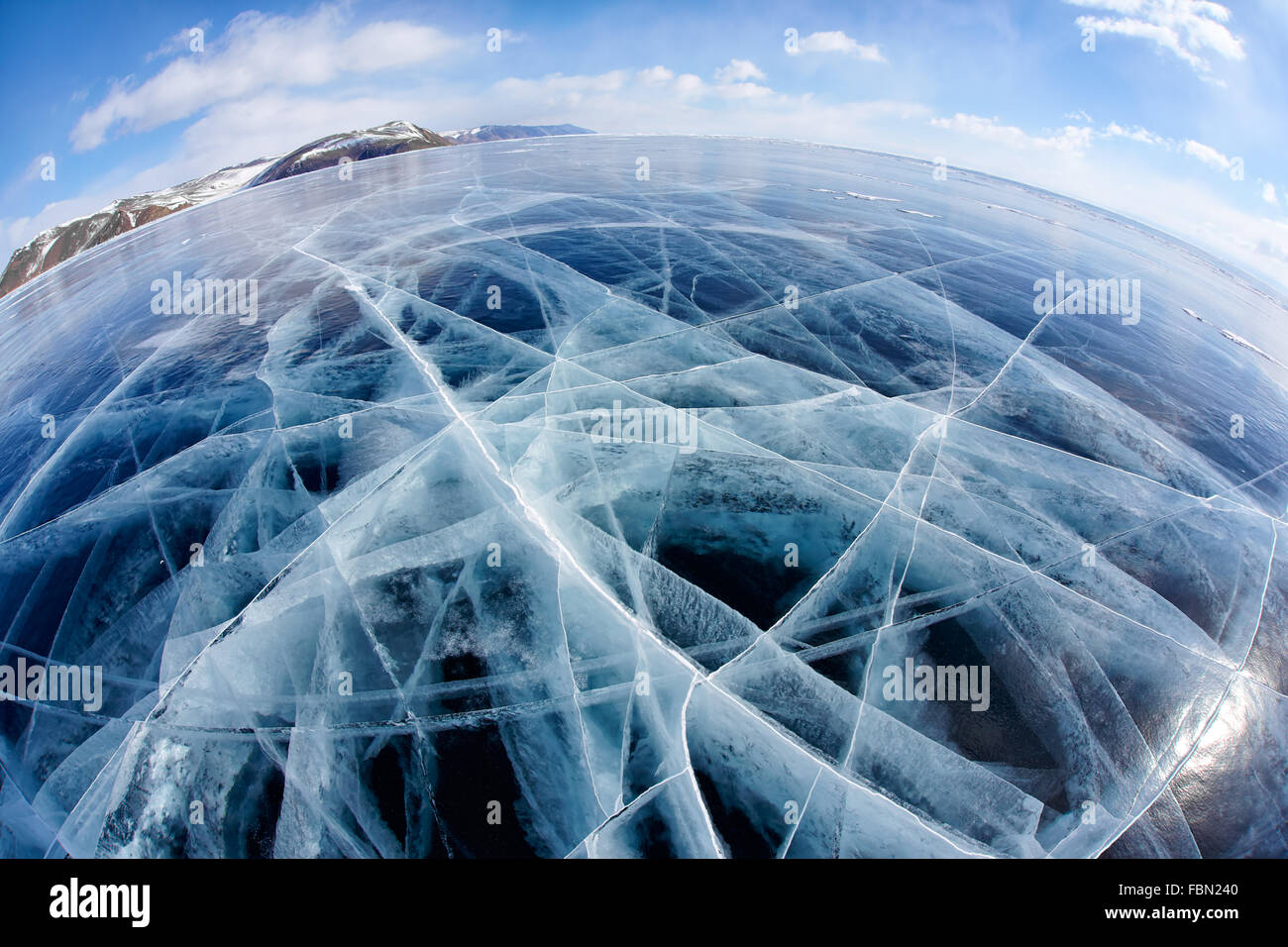 Wide angle shot with fisheye lens of winter ice landscape on Siberian ...