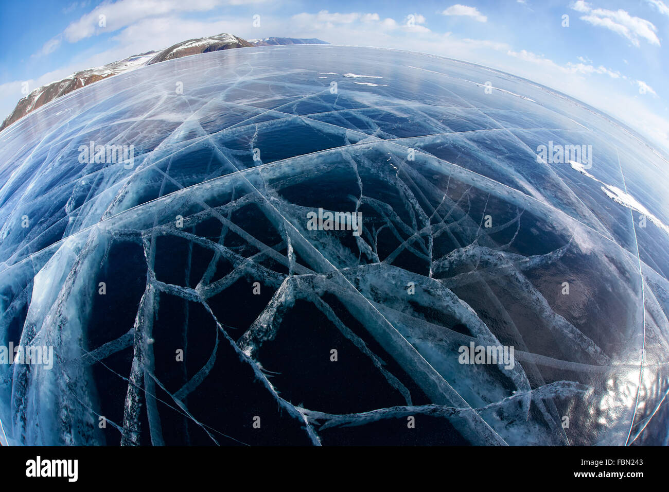 Wide angle shot with fisheye lens of winter ice landscape on Siberian ...