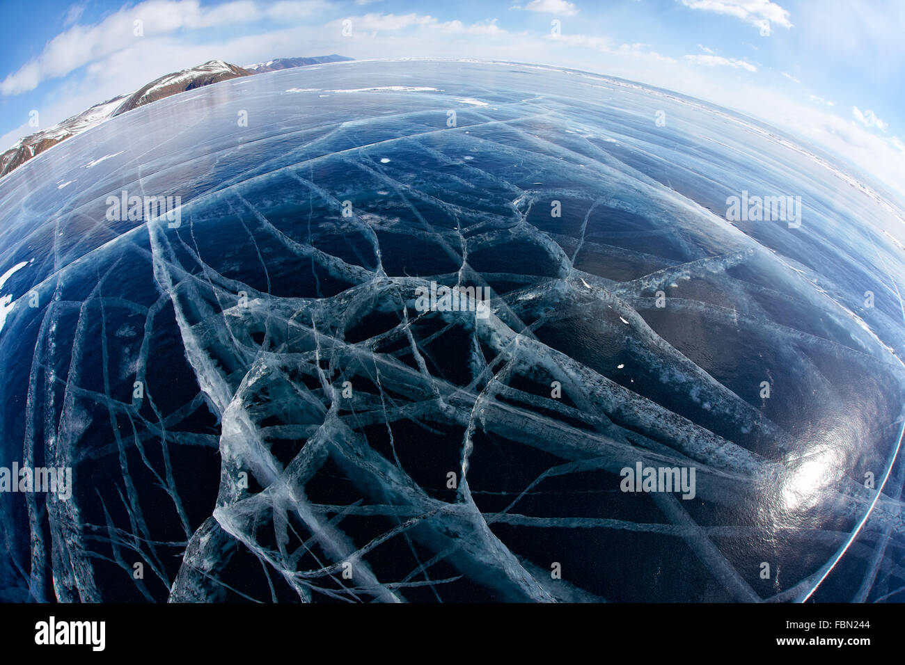 Wide angle shot with fisheye lens of winter ice landscape on Siberian ...