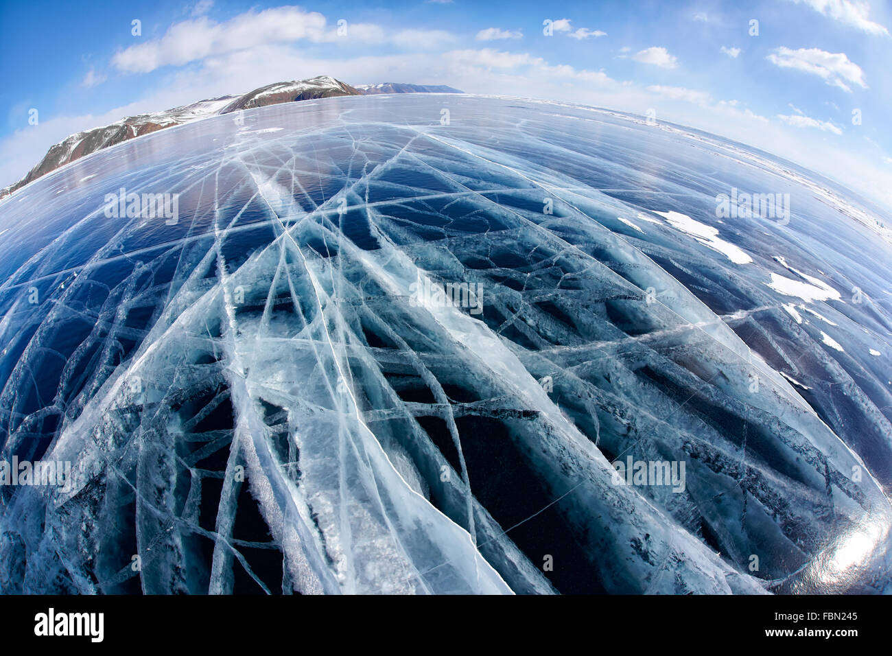 Wide angle shot with fisheye lens of winter ice landscape on Siberian ...