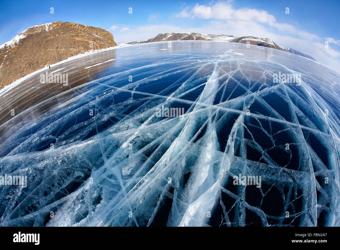 Wide angle shot with fisheye lens of winter ice landscape on Siberian ...