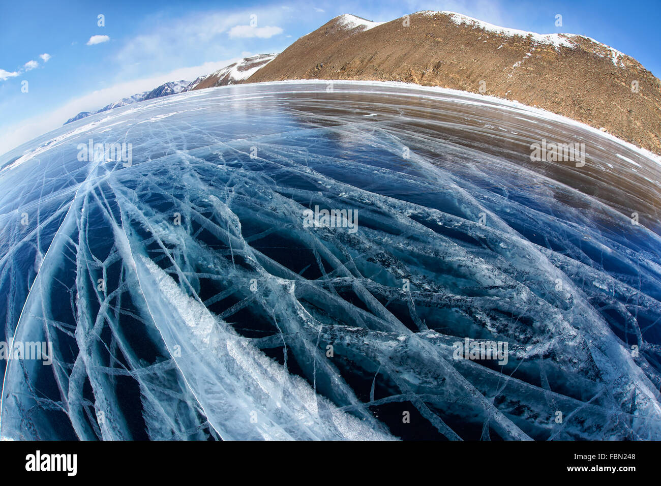 Wide angle shot with fisheye lens of winter ice landscape on Siberian ...