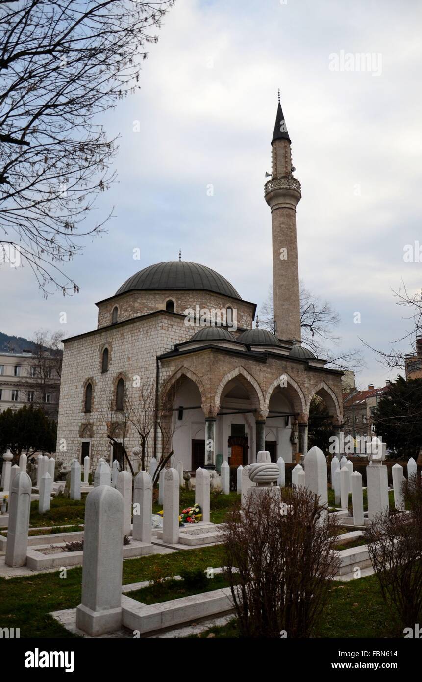 Ottoman style Muslim mosque and graveyard cemetery Sarajevo Bosnia ...