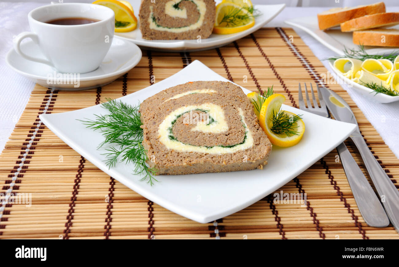 Slices of liver pate with butter and coffee for breakfast Stock Photo ...