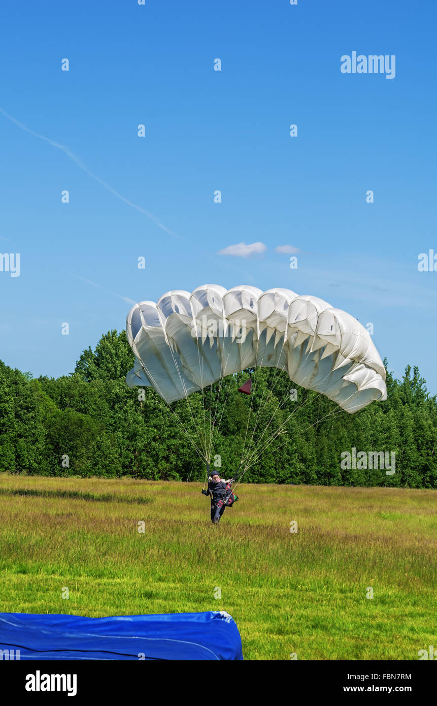 Parachutists - 2015.The skydiver landing under parachute Stock Photo ...