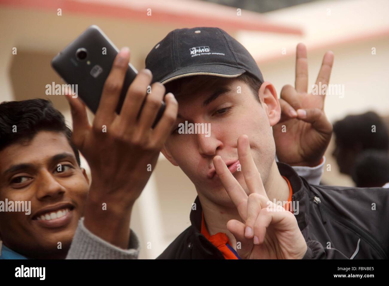 Allahabad, India. 17th Jan, 2016. Men taking wacky pose during campaign ...
