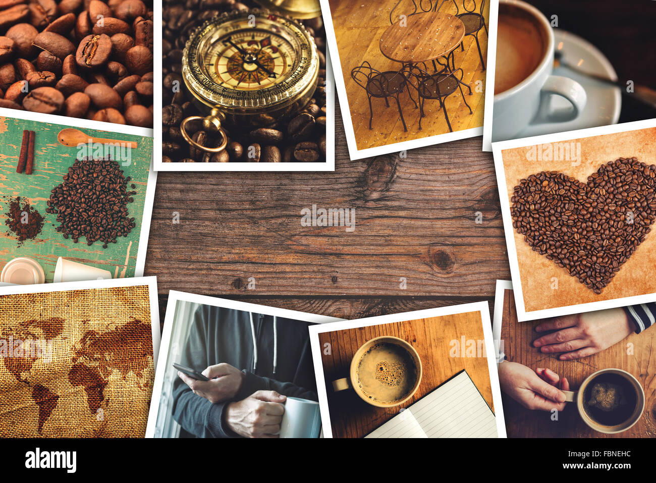 Coffee photo collage, stack of coffee drink themed pictures on wooden ...