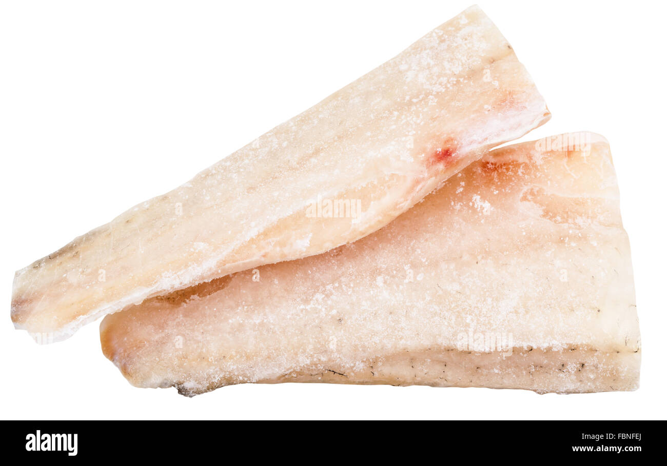 two frozen zander (pike-perch) fish fillets isolated on white ...