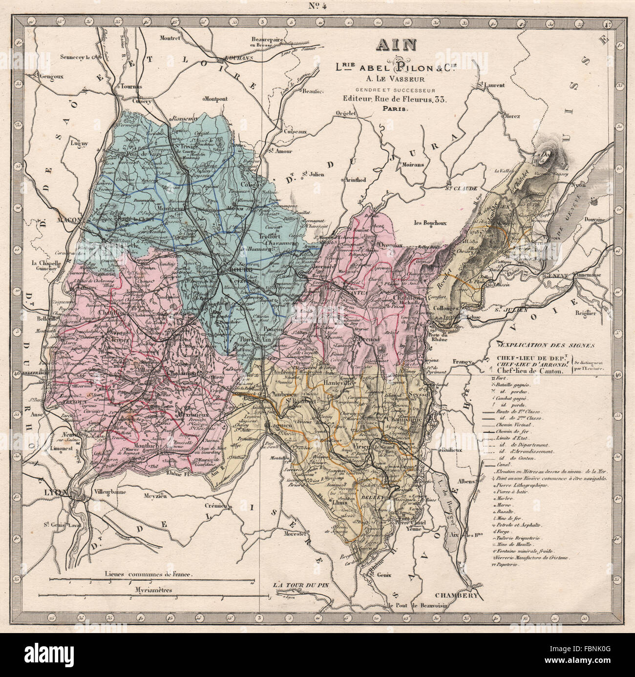 AIN department showing resources & minerals. LE VASSEUR, 1876 antique ...