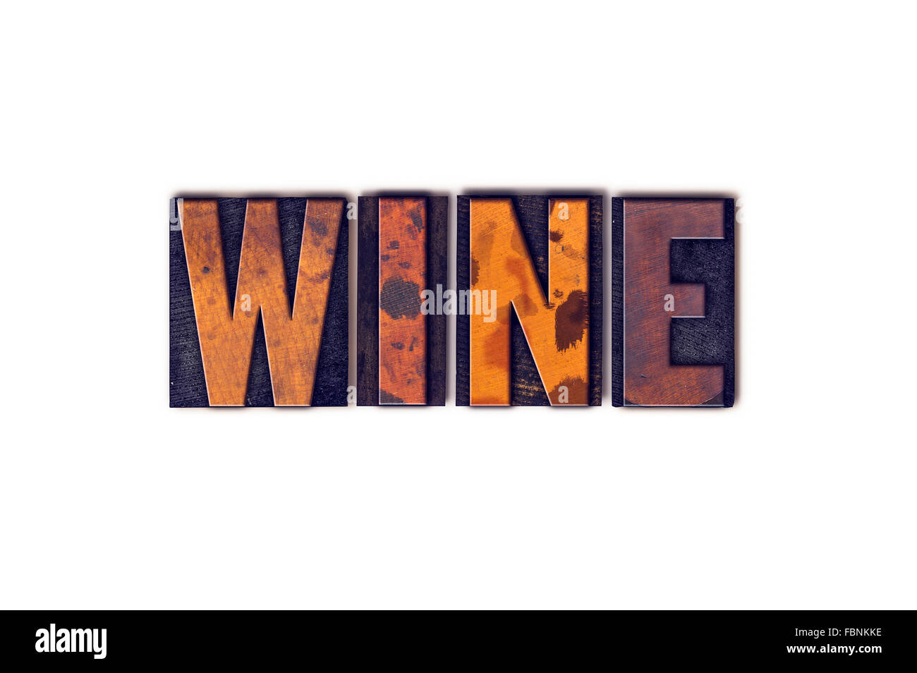 The word "Wine" written in isolated vintage wooden letterpress type on ...