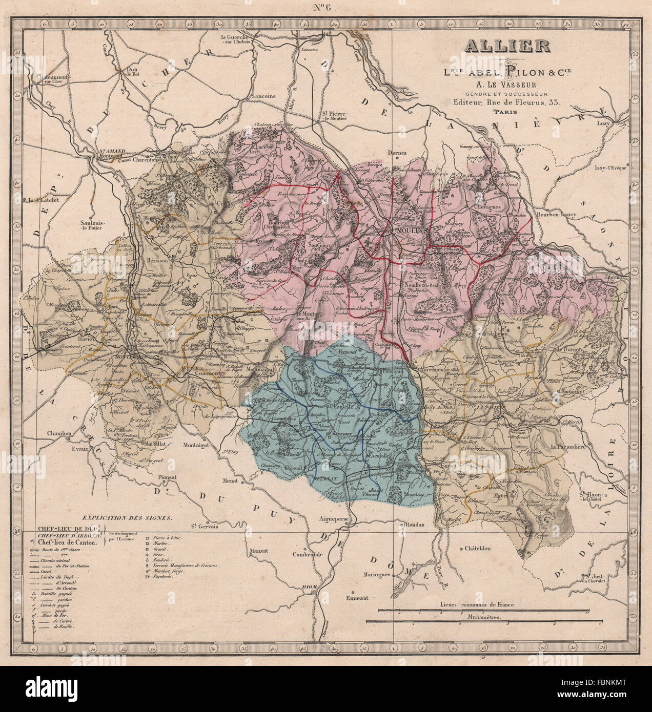 ALLIER department showing resources & minerals. LE VASSEUR, 1876 ...