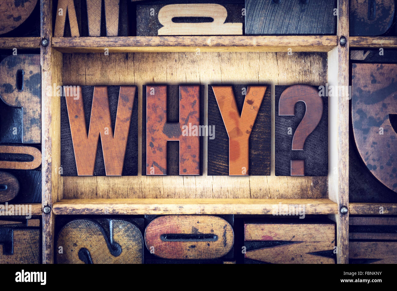 The word "Why" written in vintage wooden letterpress type Stock Photo ...