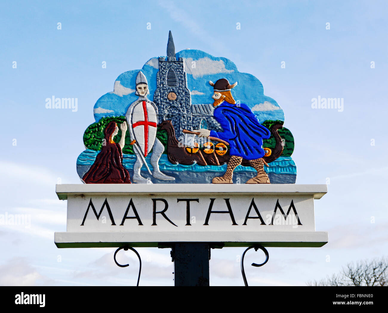 A view of the village sign at Martham, Norfolk, England, United Kingdom ...
