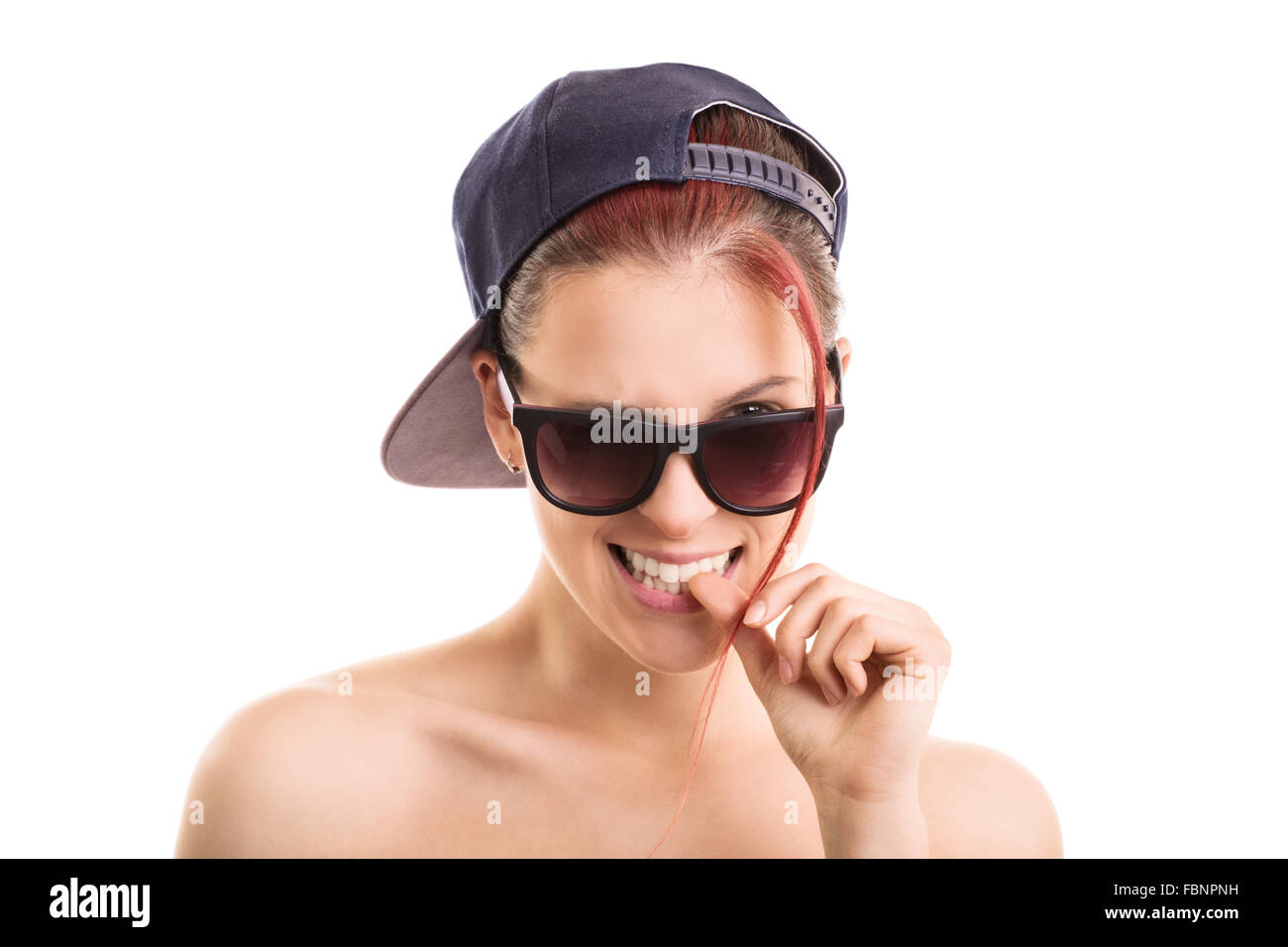 Beautiful stylish girl with backwards snapback cap and sunglasses ...
