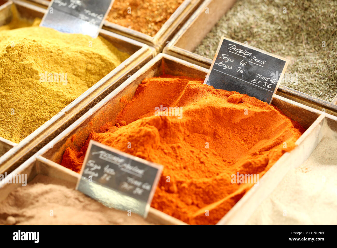 Freshly ground Paprika for sale on an open market stall in the south of ...