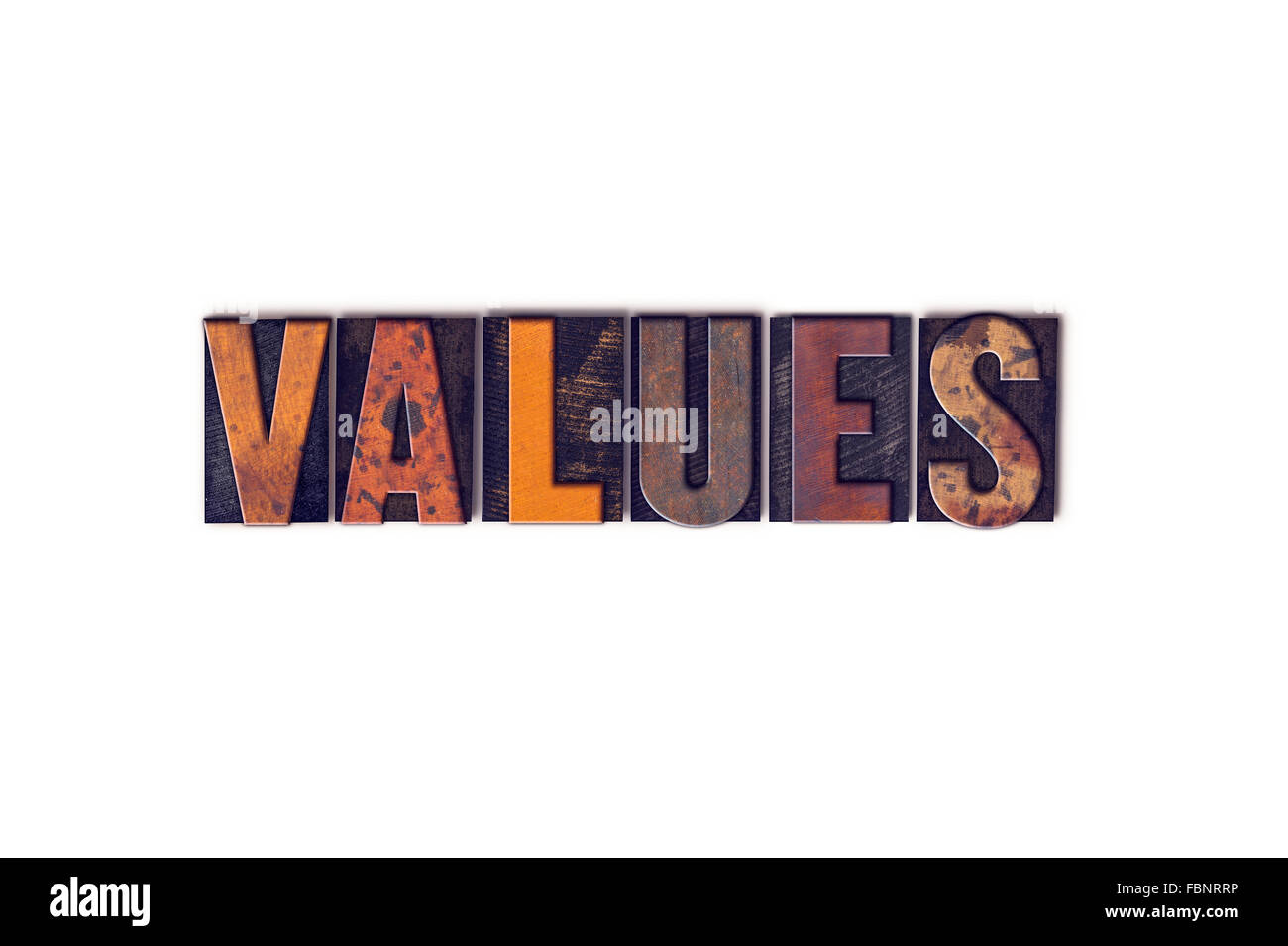 The word "Values" written in isolated vintage wooden letterpress type ...
