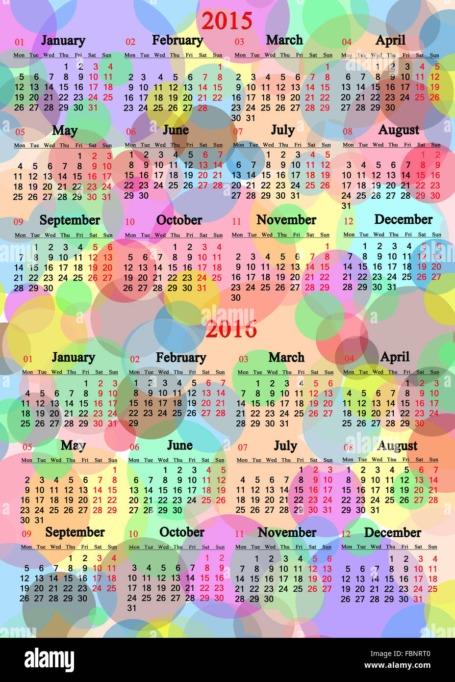 calendar for 2015 - 2016 on the colored background with different balls ...