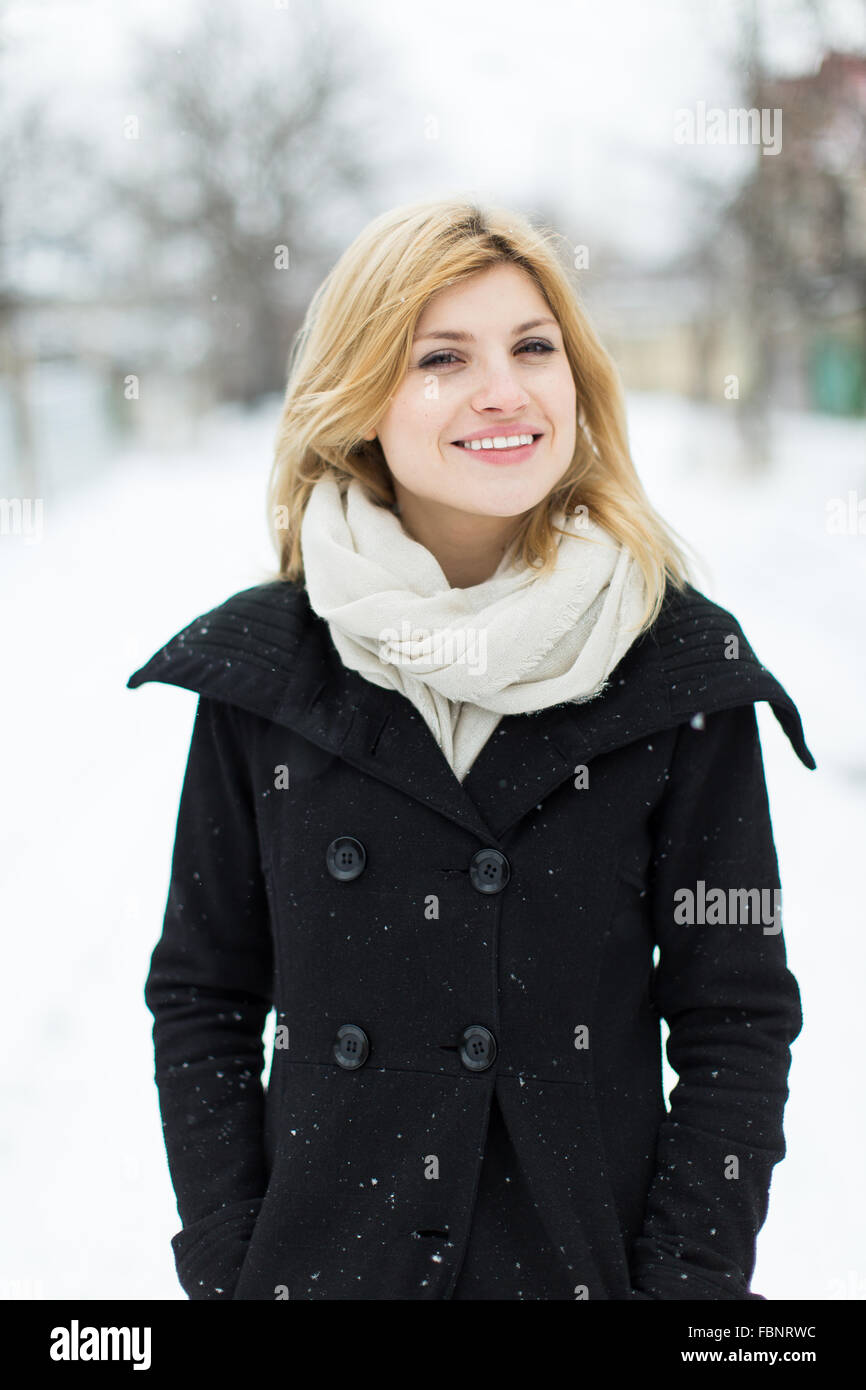 woman enjoying outdoors while snowing Stock Photo - Alamy