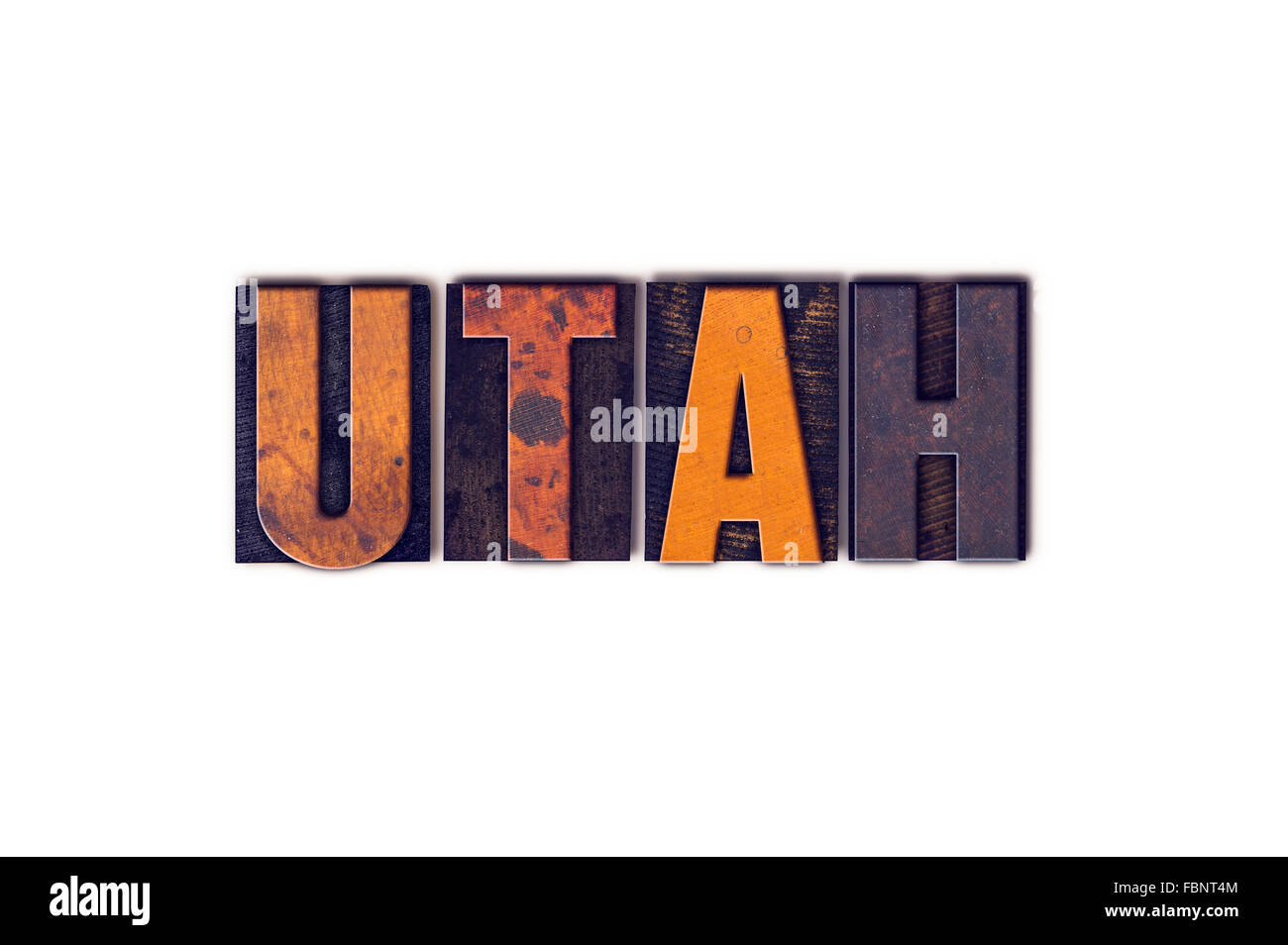 The word "Utah" written in isolated vintage wooden letterpress type on ...