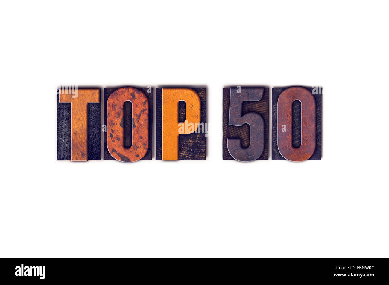 The word "Top 50" written in isolated vintage wooden letterpress type ...