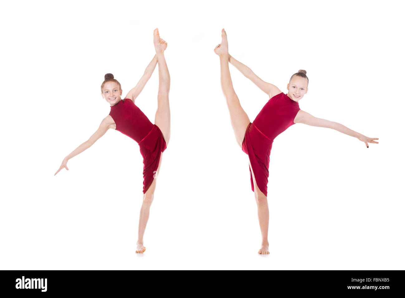 Group of two beautiful happy gymnast athlete teenage girls in dancer ...