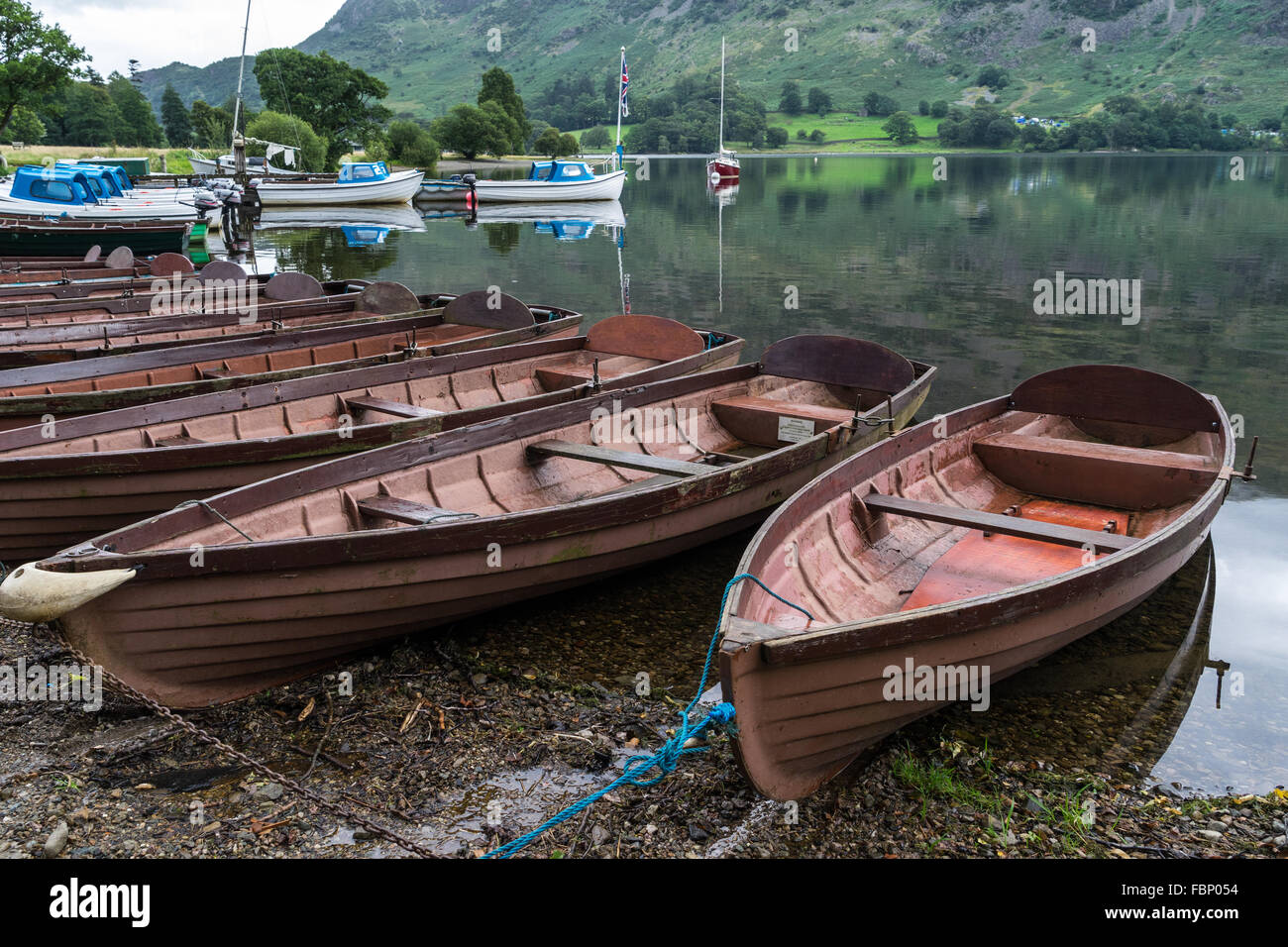 Rowing boats moored at Ullswater Stock Photo - Alamy