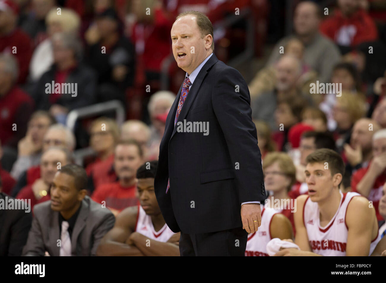 Madison, WI, USA. 17th Jan, 2016. Wisconsin coach Greg Gard looks on ...