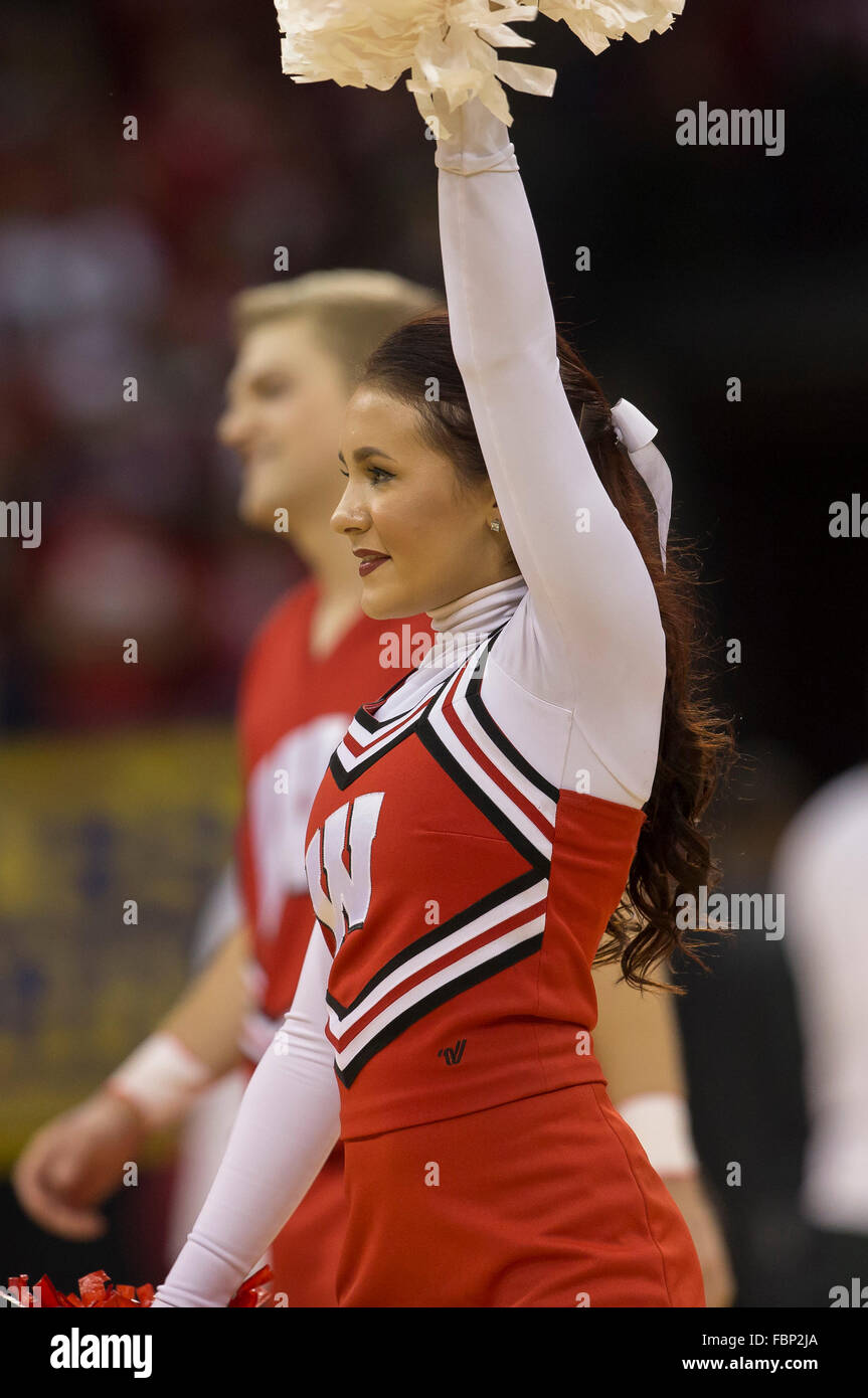 Madison, WI, USA. 17th Jan, 2016. Wisconsin cheerleader entertains ...