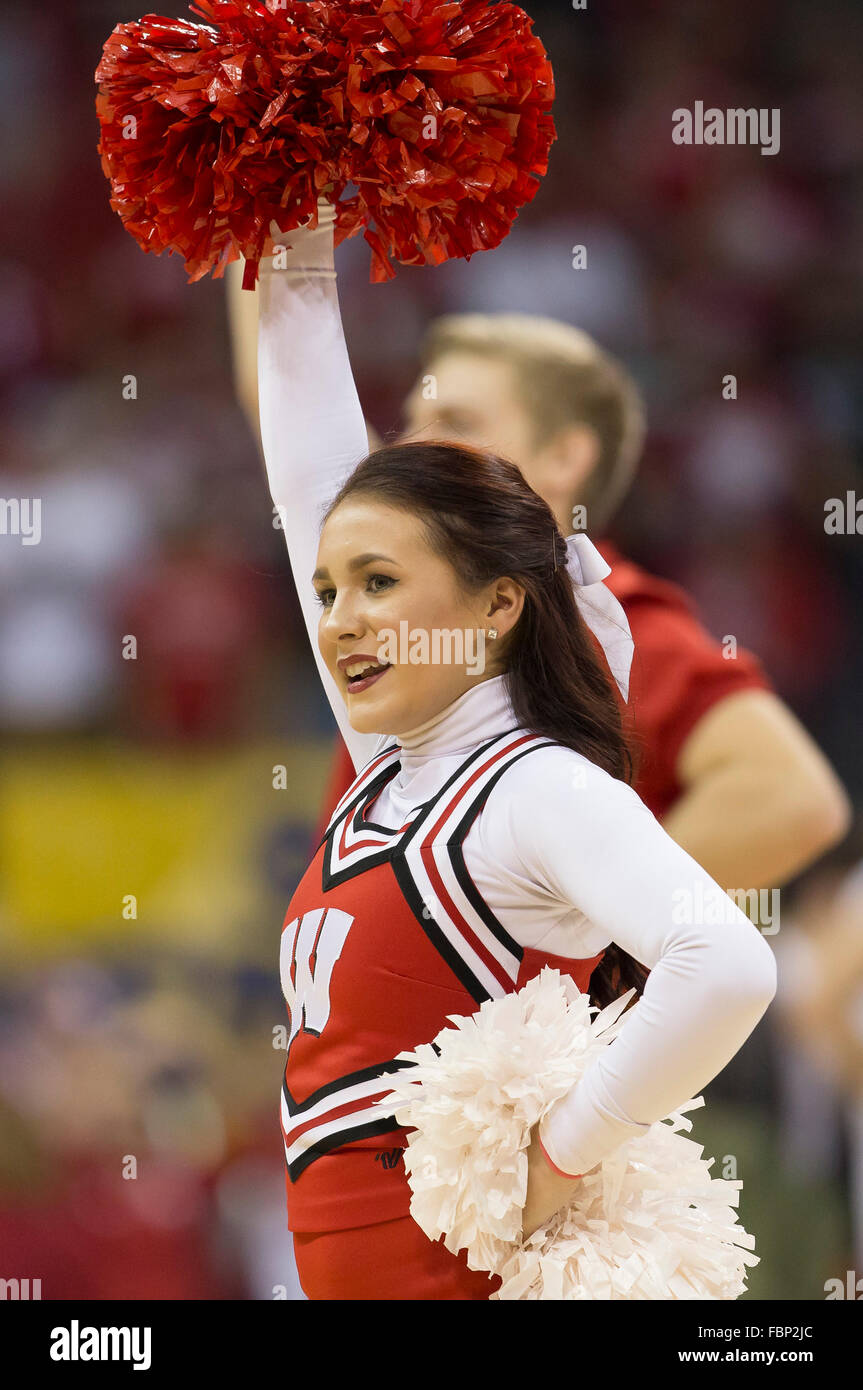 Madison, WI, USA. 17th Jan, 2016. Wisconsin cheerleader entertains ...