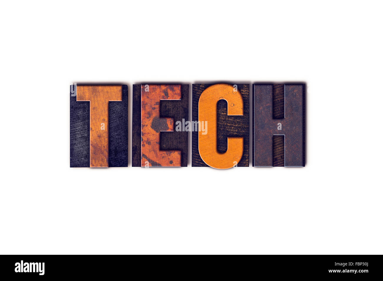 The word "Tech" written in isolated vintage wooden letterpress type on ...