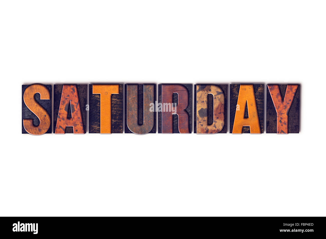 The word "Saturday" written in isolated vintage wooden letterpress type ...