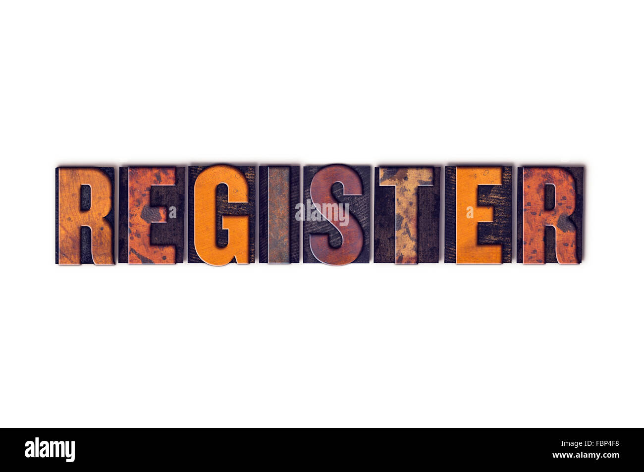 The word "Register" written in isolated vintage wooden letterpress type ...