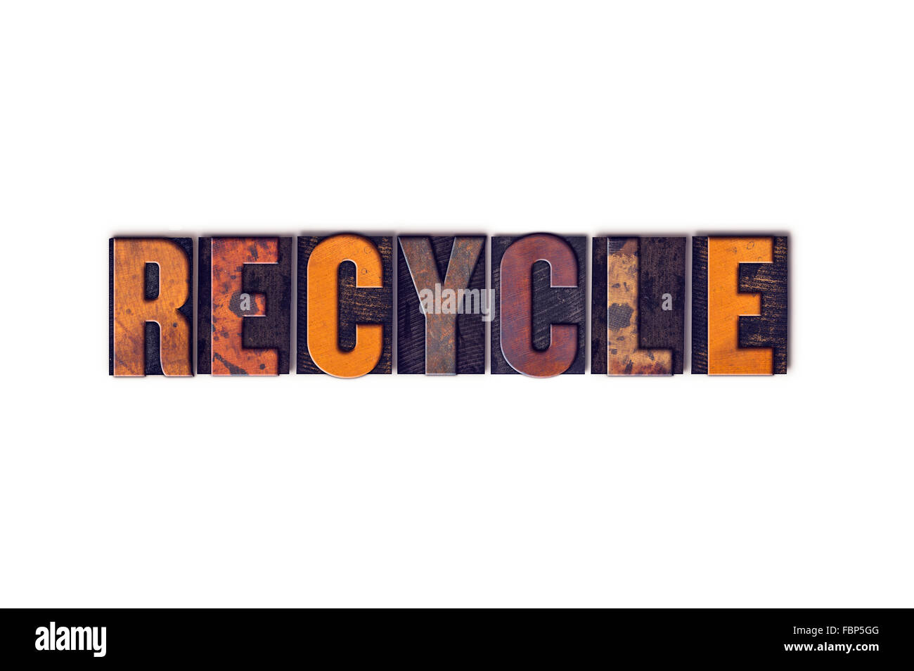 The word "Recycle" written in isolated vintage wooden letterpress type ...