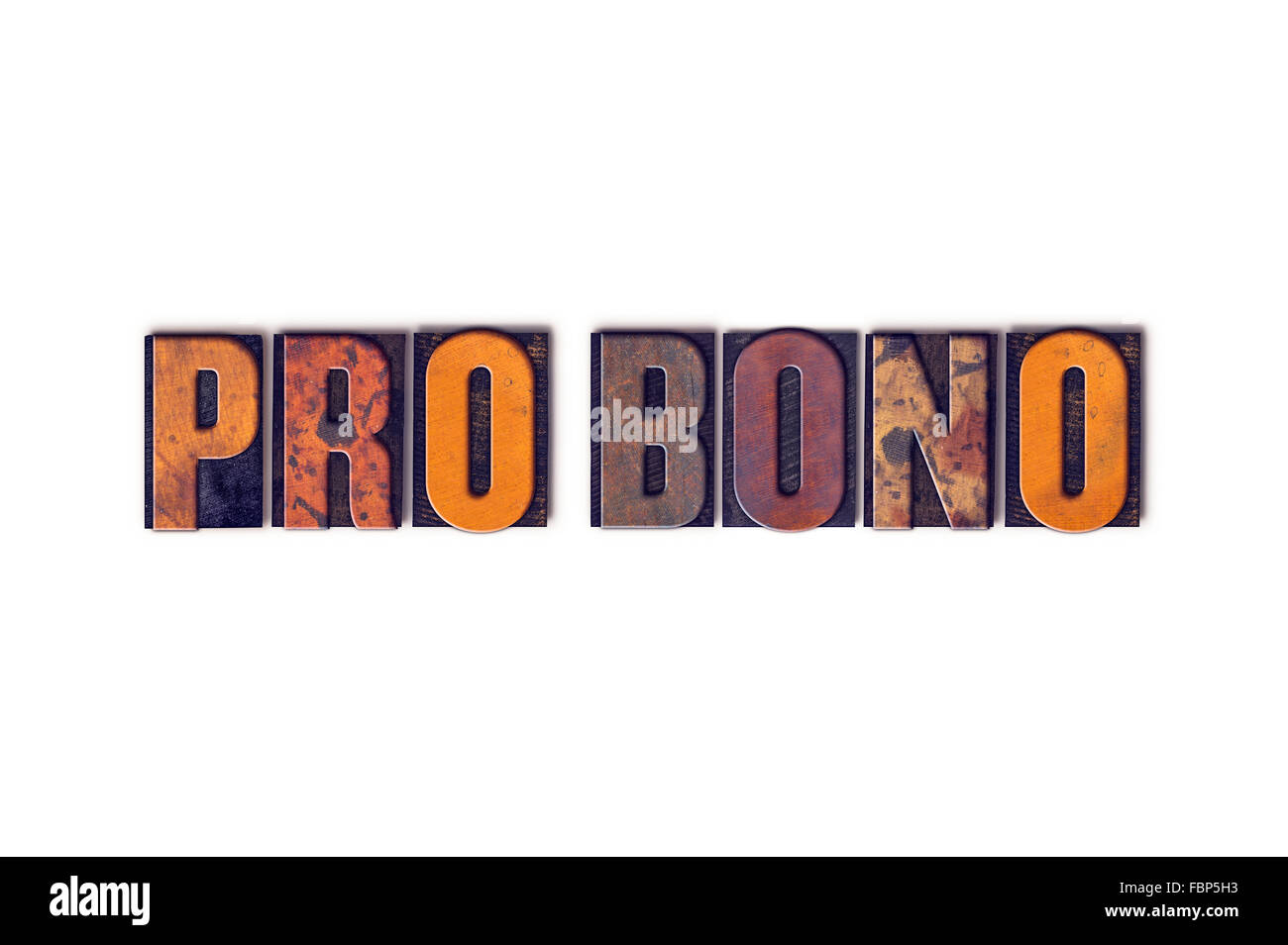 The word "Pro Bono" written in isolated vintage wooden letterpress type ...