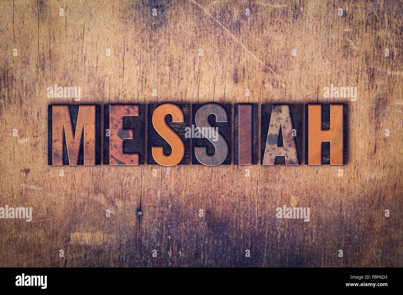 The word "Messiah" written in dirty vintage letterpress type on a aged ...