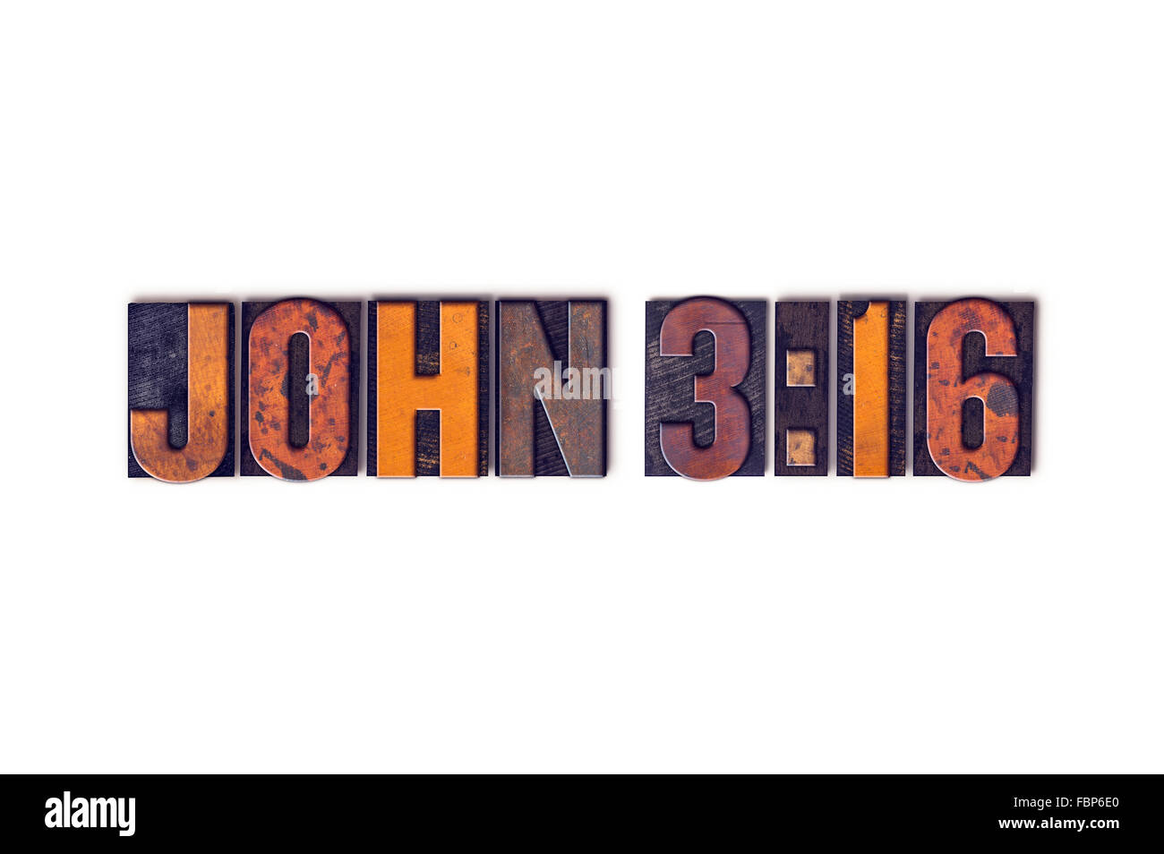 The verse "John 316" written in isolated vintage wooden letterpress ...