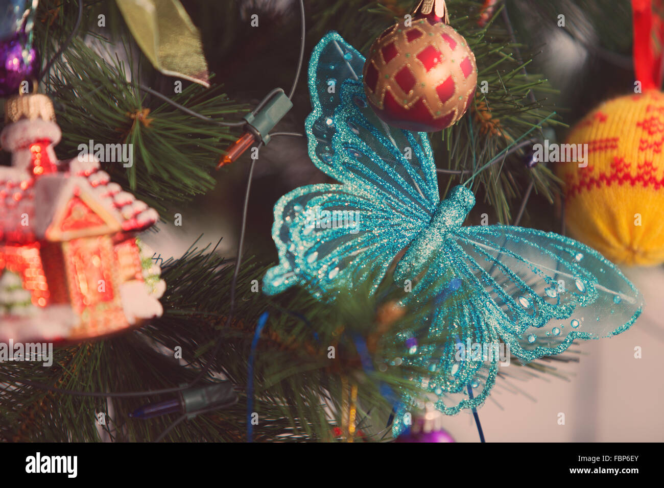 Christmas tree and christmas decorations close up photo. Tinted Stock ...