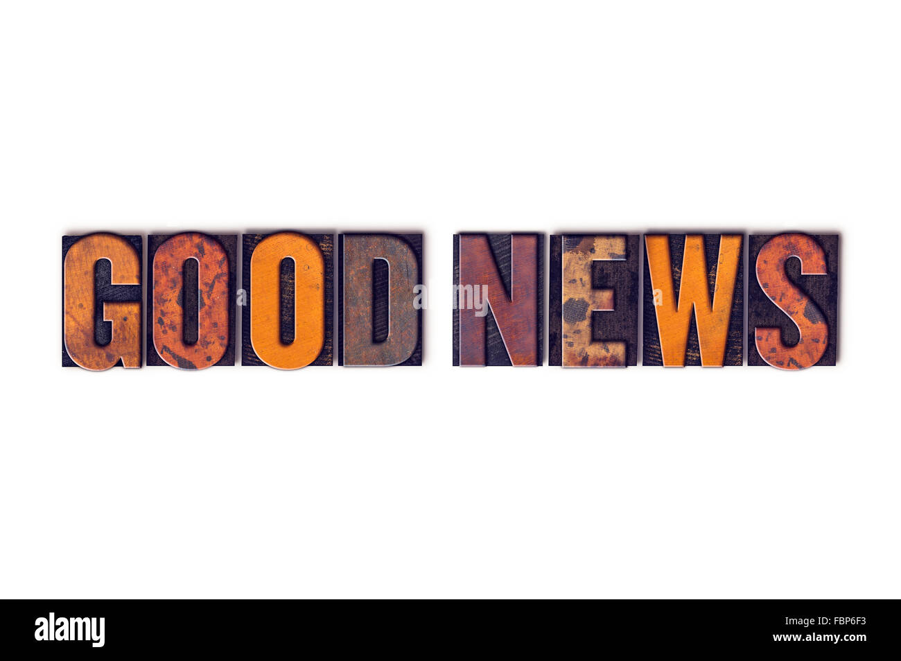 The word "Good News" written in isolated vintage wooden letterpress ...