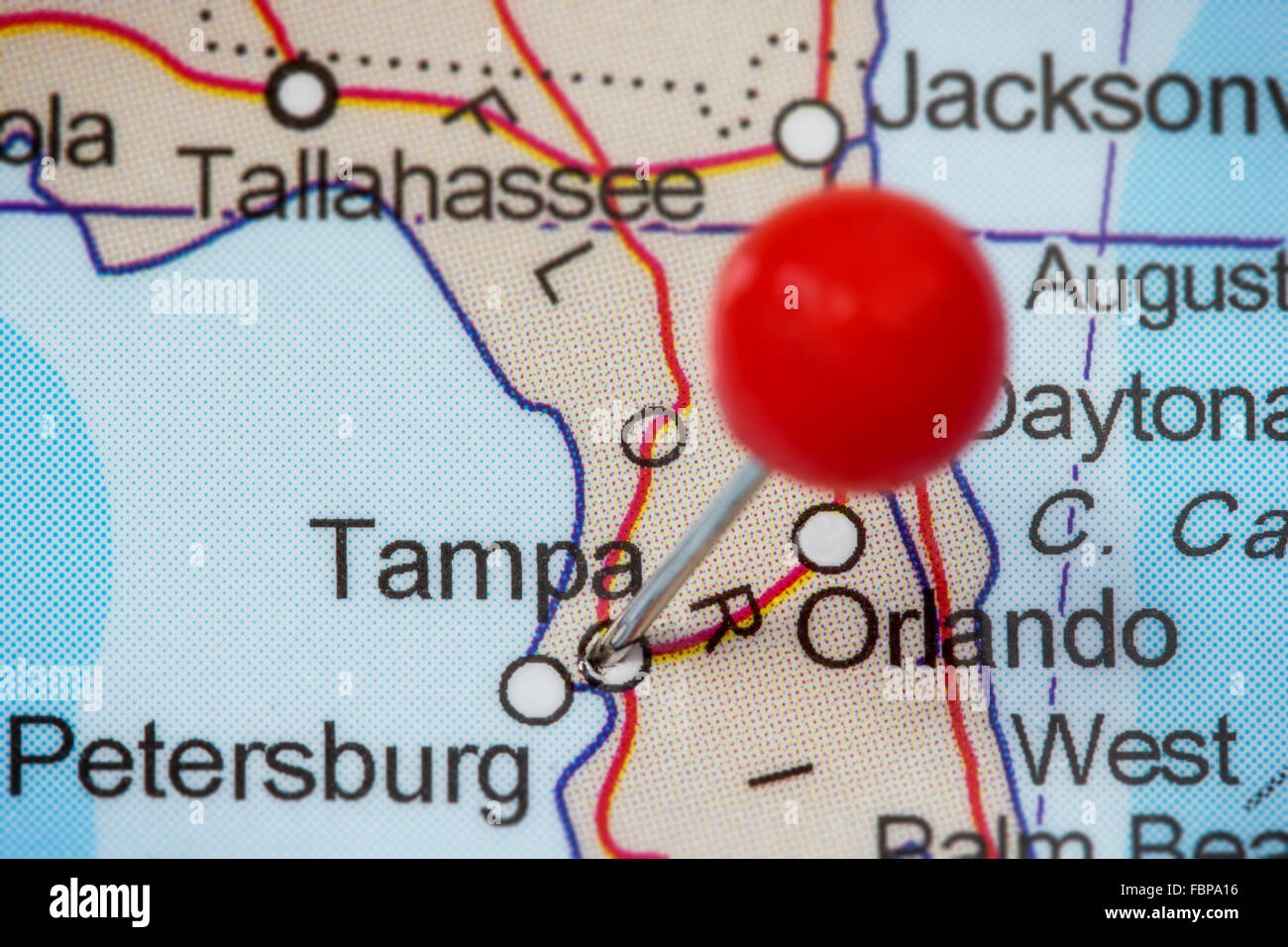 Close-up of a red pushpin in a map of Tampa, USA Stock Photo - Alamy
