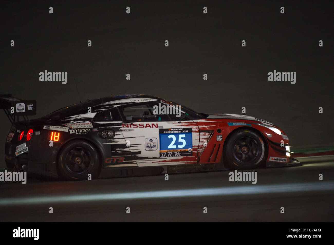 The Nissan GT-R GT3 of MRS GT-Racing on the track during the night ...