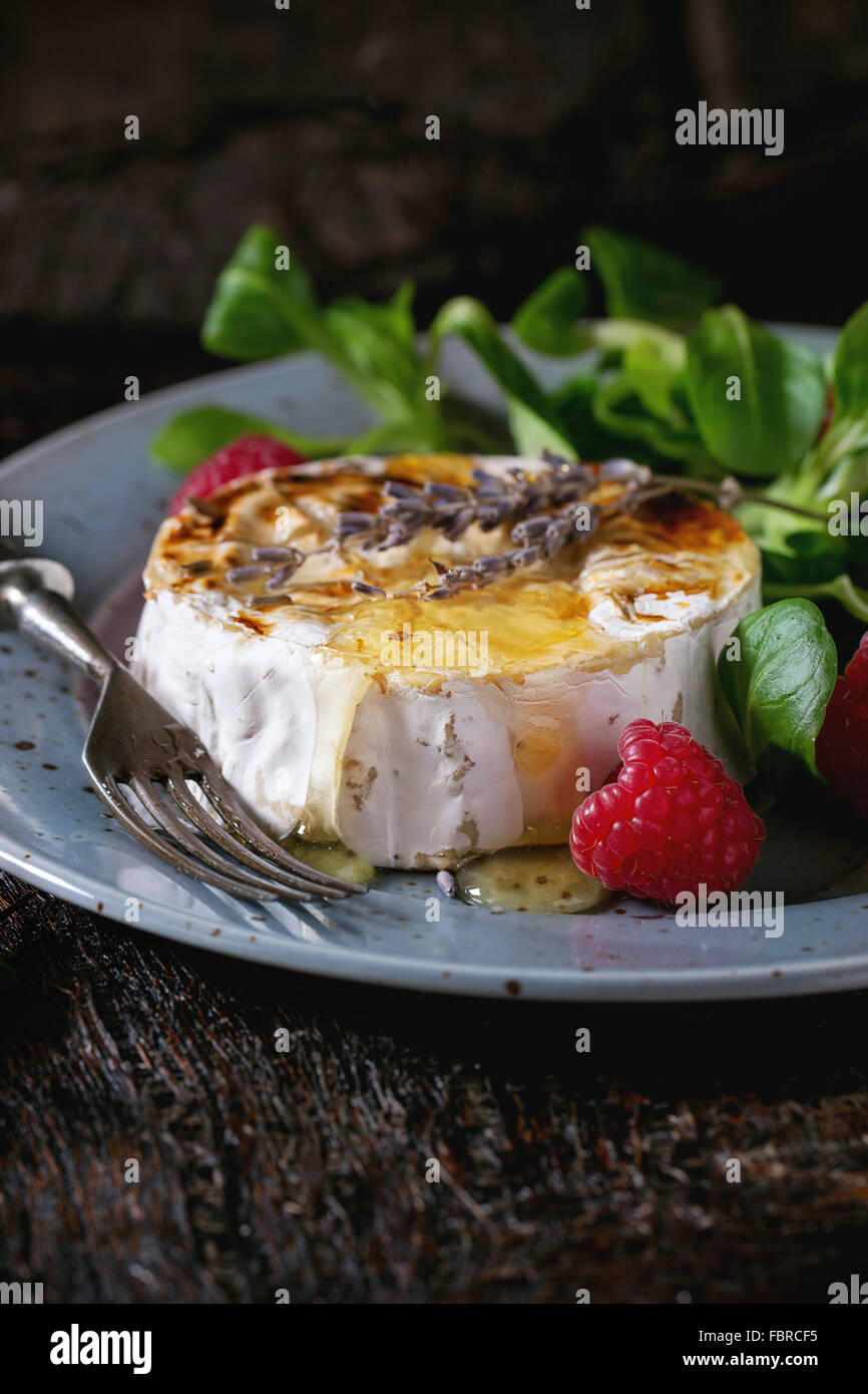 Close up of grilled goat cheese on blue spotted plate, served with ...