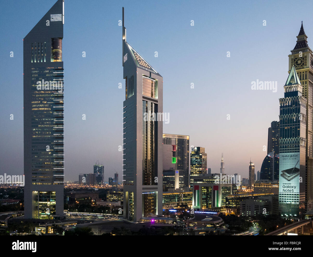 Aerial view of Emirates Towers and Dubai Financial Center, Dubai United ...