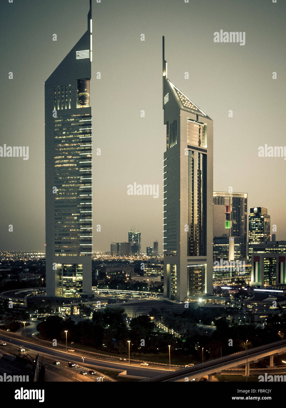 Aerial view of Emirates Towers and Dubai Financial Center, Dubai United ...