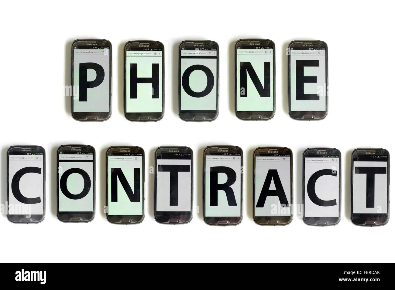 Phone Contract written on the screens of smartphones photographed ...
