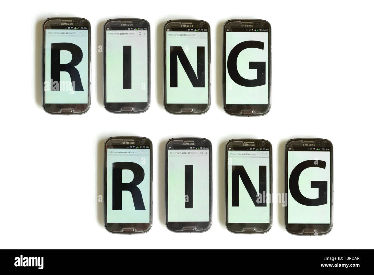 Ring Ring written on the screens of smartphones photographed against a ...